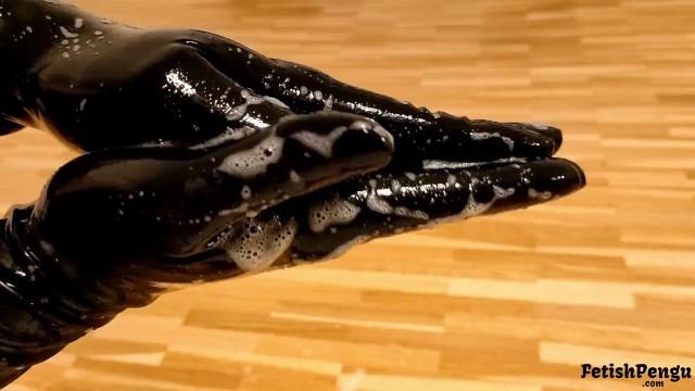 Spit Play With Latex Gloves Drooling On Rubber Trailer